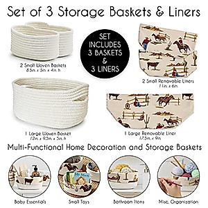 Sweet Jojo Designs Tan Brown Western Cowboy Boy Woven Storage Basket Set 3pc Cotton Rope Diaper Caddy Bins Baby Nursery Shelf Kids Closet Drawer Organizer Liner Wild West Southern Country South Horse