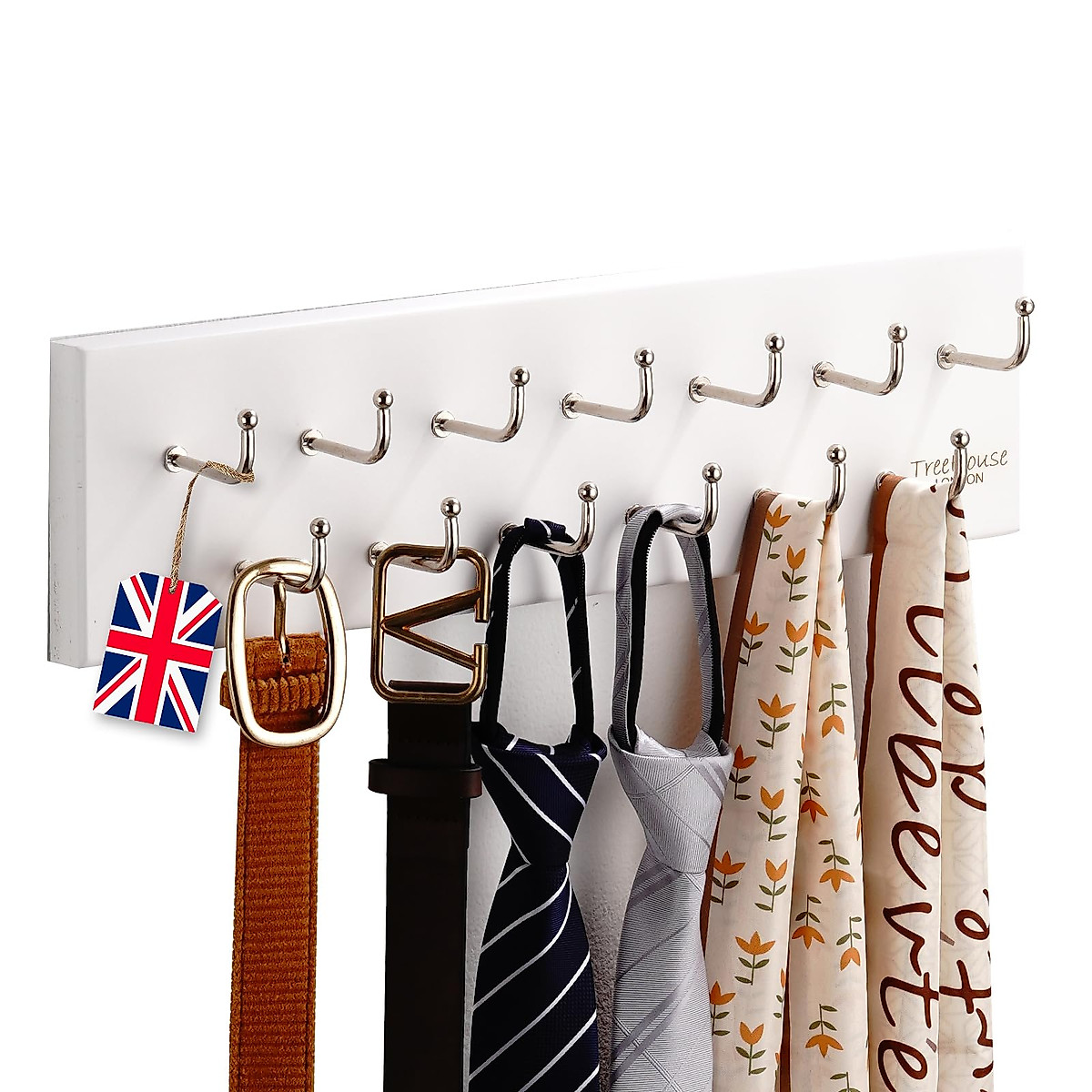 Treehouse Belt Organizer Rack, Holds Over 28 Large Belts, Sturdy Metal & Solid Wood Storage Holder for Closet, Versatile, Wall Mounted Belt & Tie Display Hanger for Bedroom - (White) 16''L x4.25''H