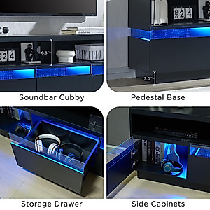 T4TREAM LED TV Stand for 65 Inch TV, Modern Gaming Entertainment Center with LED Lights, Media Storage Console Table with Large Sliding Drawer & Side Cabinets for Living Room, Solid Black, 58 Inch