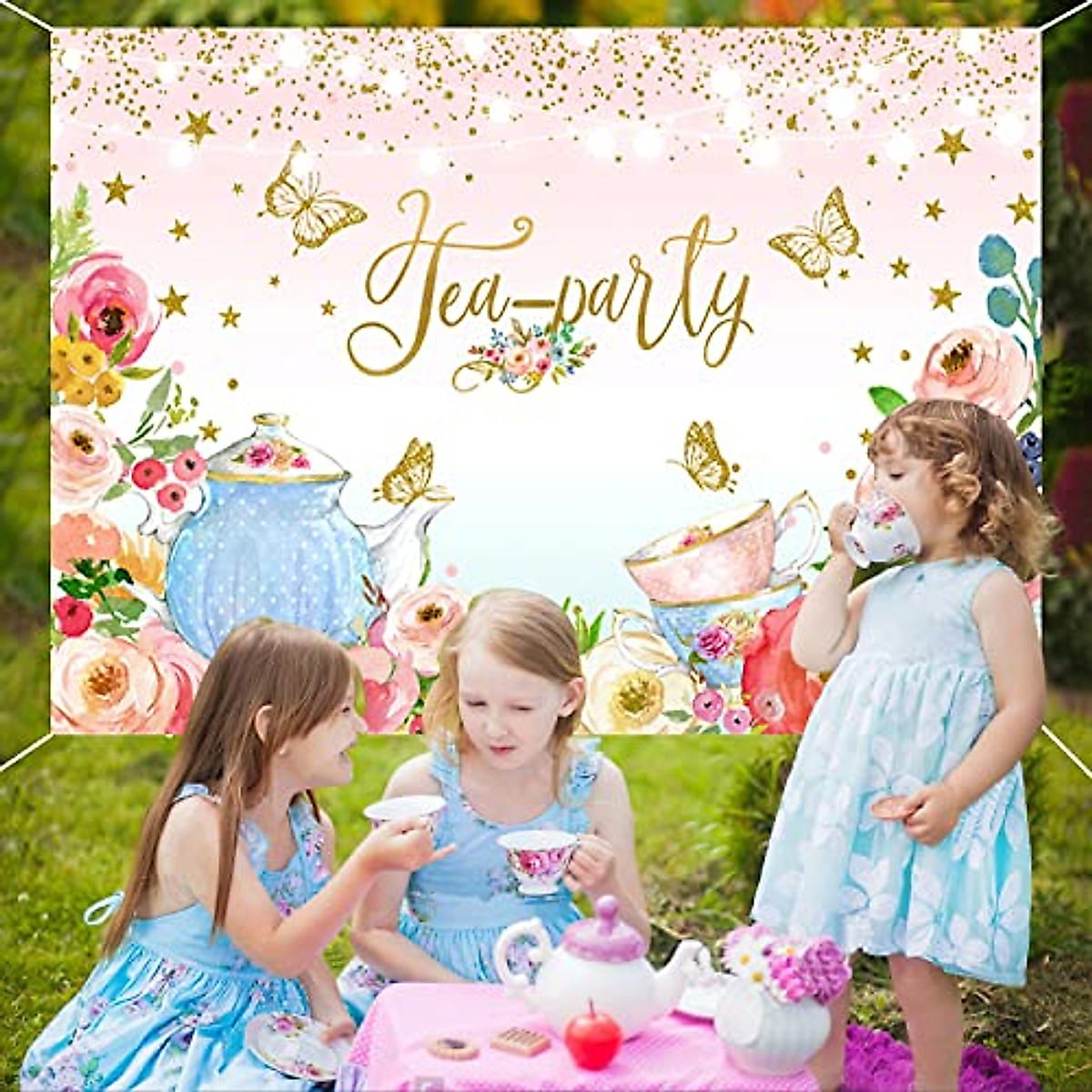 Pink Floral Tea Party Backdrop Glitter Gold Dots Butterfly Let's Partea Photography Background for Women Birthday Bridal Baby Shower Decorations Girls Wonderland Party Banner Photo Booth Props 10x7ft