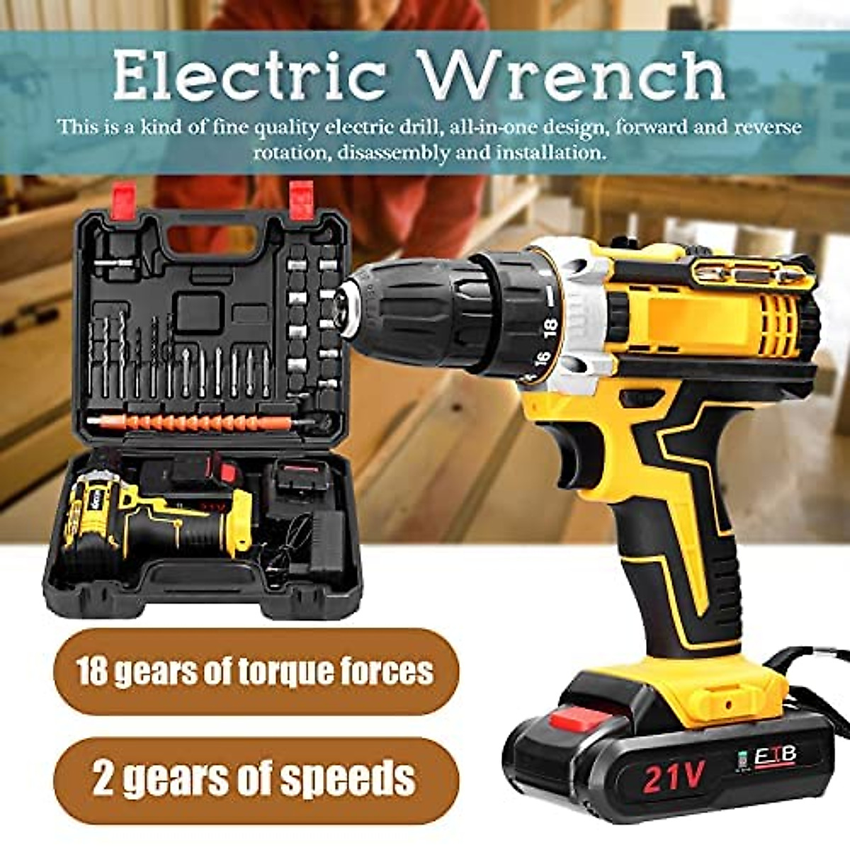 Cordless Drill Set, Power Drill Driver with Variable Speed Control Electric Drill Brush Motor 2 Batteries, Cordless Drill Driver Torque