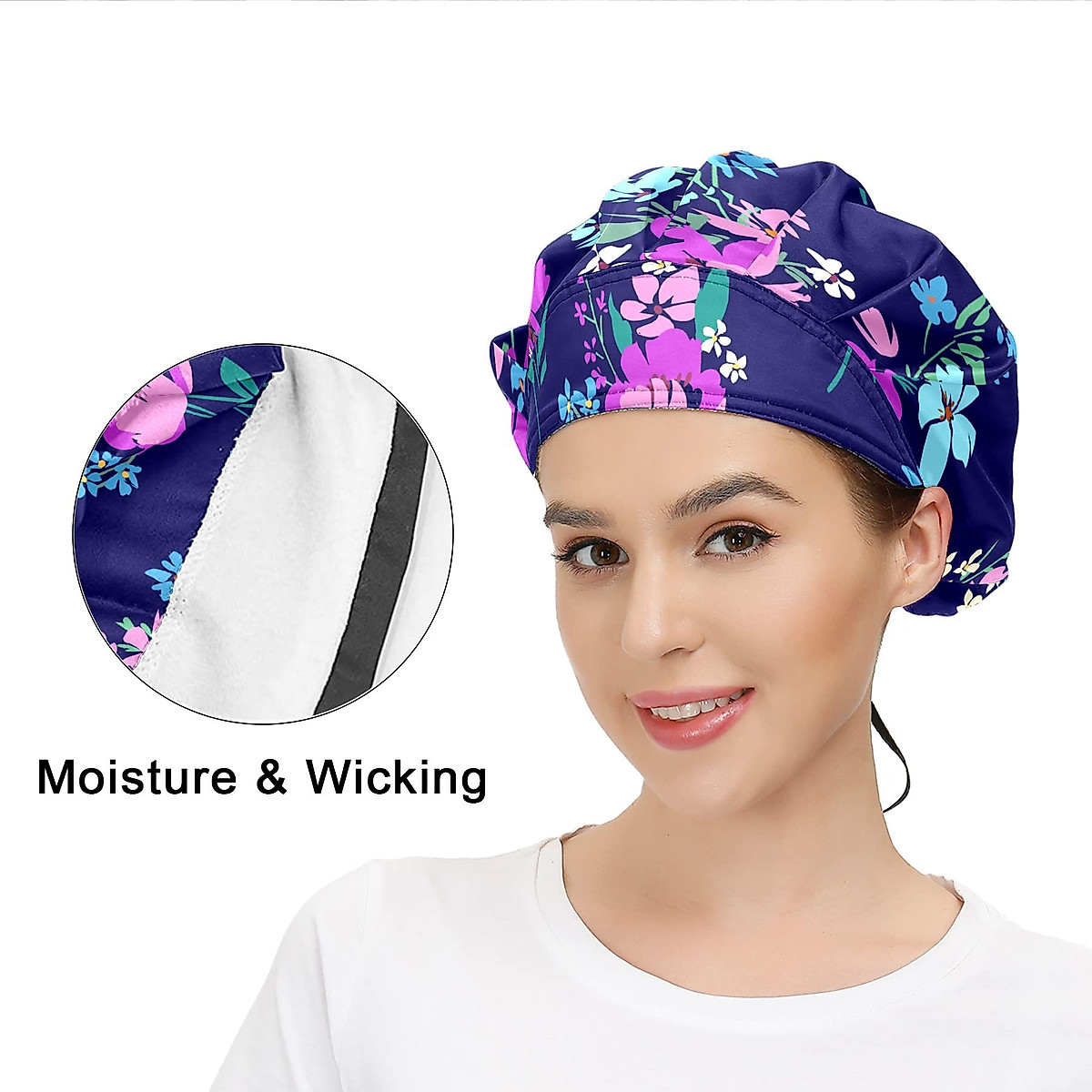 Shutiall Working Cap with Button and Sweatband Adjustable Tie Back Bouffant Hats Printed Multi Color for Woman Man.Flowers