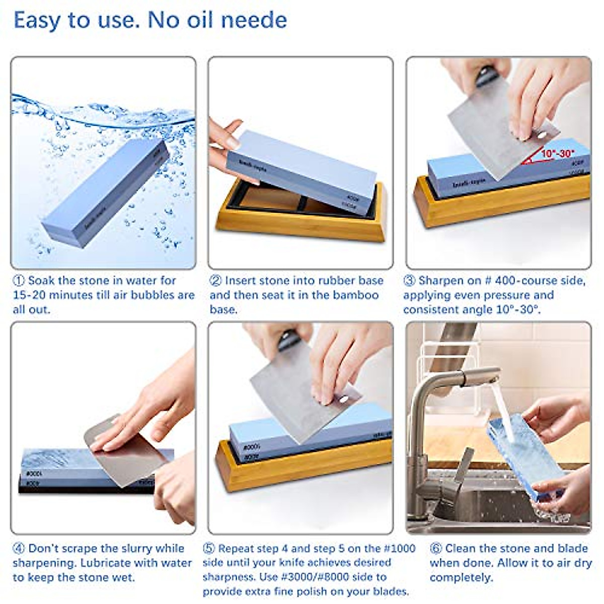 Complete Knife Sharpening Stone Set – Dual Grit Whetstone 400/1000 3000/8000 Premium Whetstone Knife Sharpener with Leather Strop, Flattening Stone, Bamboo Base, 3 Non-slip Rubber Bases & Angle Guide