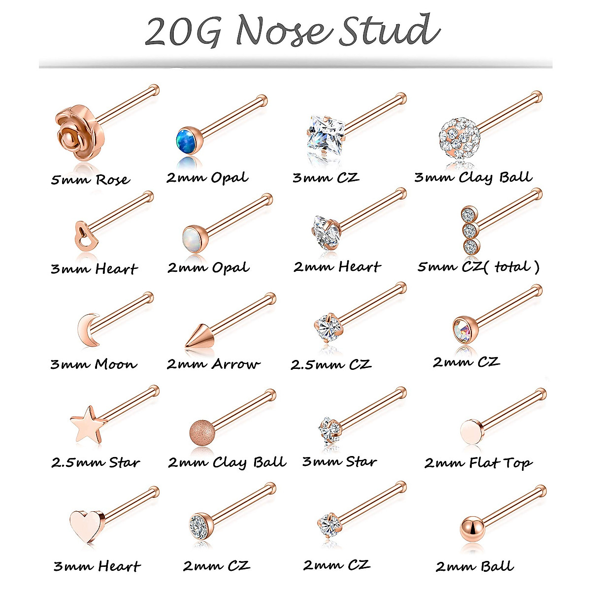 Tornito 20G 20Pcs Nose Ring CZ Nose Stud Retainer Bone Labret Nose Piercing Jewelry Set Stainless Steel Rose Gold Tone