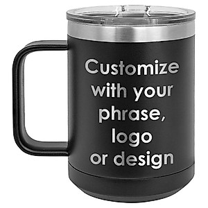 Personalized Black 15 oz Coffee Mug w/Slide Top Lid | Add Your Custom Text w/Names, Phrase, Design or Company Logo | Insulated Travel Coffee Cup | Compare To Yeti Rambler | ONLYGIFTS.COM