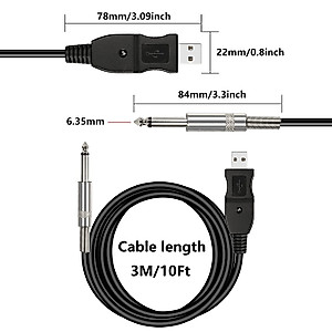 GELRHONR USB Guitar Cable,USB 2.0 Male to 6.35mm (1/4inch) TS Mono Electric Guitar Converter Cable for Guitar to Computer Music Recording-3M/10Ft