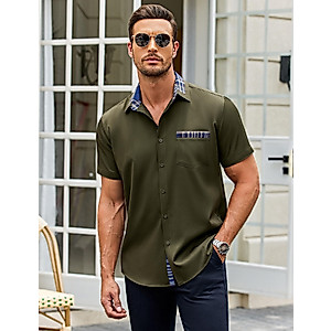 COOFANDY Men's Short Sleeve Dress Shirt Slim Fit Button Down Summer Shirt Army Green