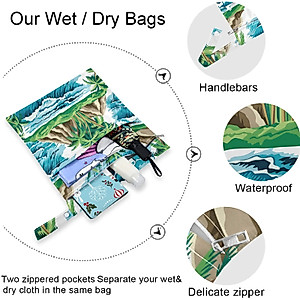 visesunny Coconut Tree Island Blue Sea 2Pcs Wet Bag with Zippered Pockets Washable Reusable Roomy for Travel,Beach,Pool,Daycare,Stroller,Diapers,Dirty Gym Clothes, Wet Swimsuits, Toiletries