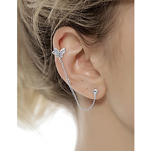 Tornito 6Pcs Cuff Earring Chain Leaf Snowflake Star Butterfly with CZ Crawler Climber Earring Studs Drop Dangling Chain Wrap Tassel Earring for Women Men 20G Silver Tone