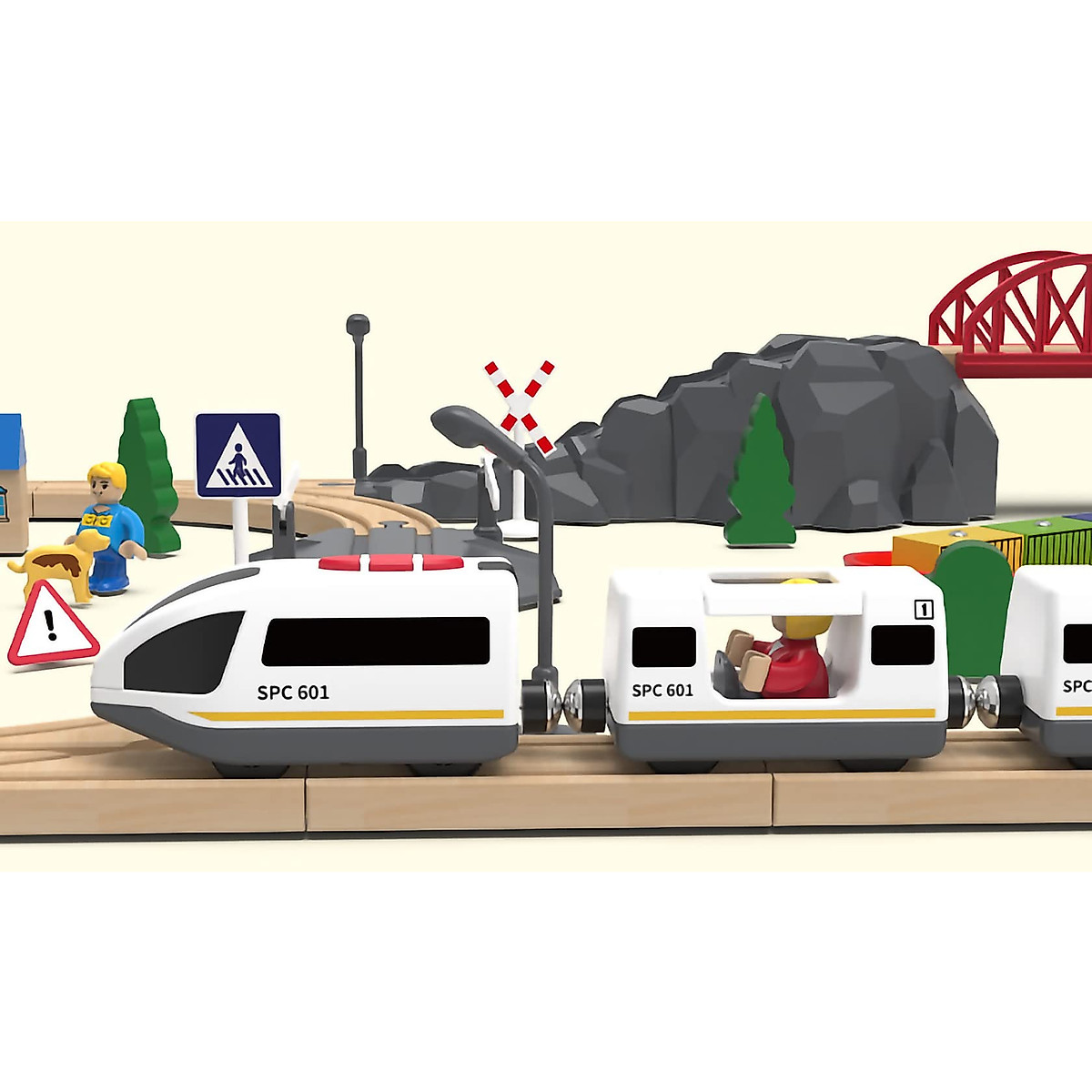 Wooden Train Set Accessories Battery Operated Locomotive Train, Remote Control Train Vehicles for Wood Tracks, Powerful Engine Train Cars Fits All Major Brands of Railway System (Battery Not Included)