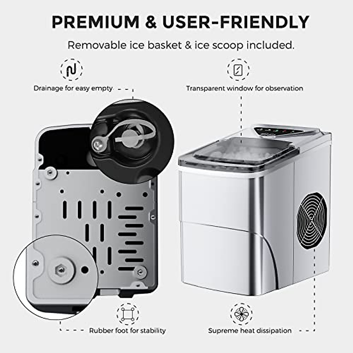 Ice Cube Makers Countertop, Self-Cleaning Function, Portable Electric Machine, 9 Pebble Ice Ready in 6 Mins, 26lbs 24Hrs with Ice Bags and Ice Scoop Basket for Home Bar Camping RV(Silver)