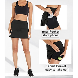 Cityoung Womens Athletic Pleated Golf Skirts with Pockets Tennis Skirt High Waisted with Shorts Running Workout Black L