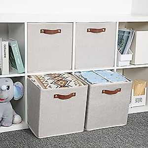 HNZIGE Large Storage Baskets Set of 4 Bins Collapsible Storage Baskets,13x13 Storage Cube Bins with Handles,Foldable Storage Cube Bins for Shelves, Closet Storage Organizer Home Nursery Office(cream)