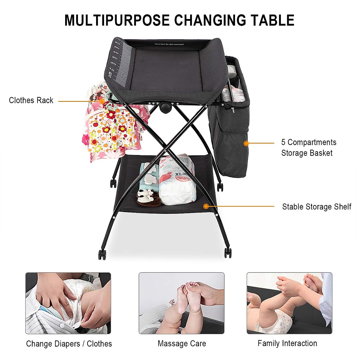 JOYMOR 2-in-1 Folding Baby Changing Table, Moblie Diaper Table for Infant, Portable Diaper Changing Station with Wheels, Large Storage Basket ＆ Shelf Portable Nursery Organizer