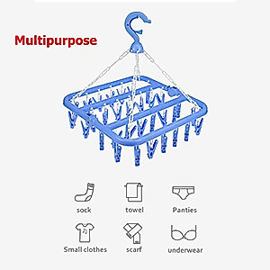 Laundry Hangers with 32 Clips,Clothespin Rack Foldable Laundry Drying Rack Drip Hanger for Drying Socks,Bras,Towel,Underwear,Hat,Scarf,Pants,Baby Clothes,Cloth Diapers,Gloves (Blue)