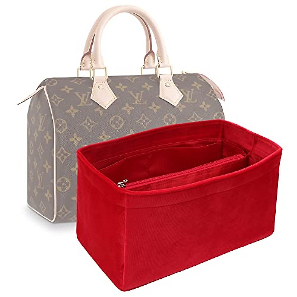MTRSUE Original Velvet Purse Organizer Shaper Insert for Handbag, Women Tote Bag Organizer With Metal Zipper for Neverfull Speedy and More (Red, Medium)