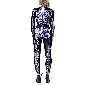 Selowin Womans Skull Pattern Halloween Costume Party Skeleton Slim Catsuit Bodysuit Light Purple S