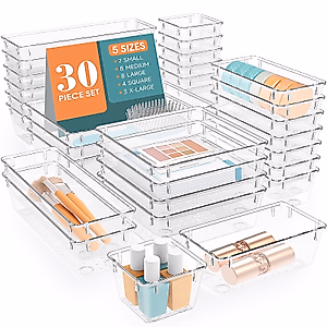 WOWBOX 30 PCS Clear Plastic Drawer Organizer Set, 5 Sizes Desk Drawer Divider Organizers and Storage Bins for Makeup, Jewelry, Gadgets for Kitchen, Bedroom, Bathroom, Office