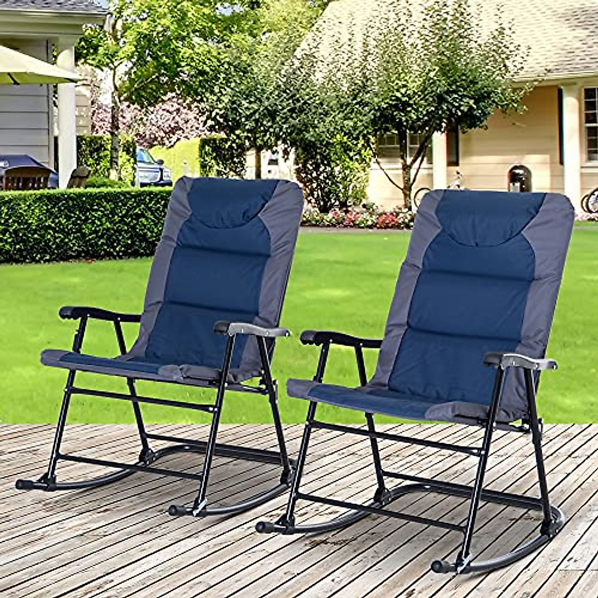 Outsunny 2 Piece Outdoor Rocking Chair Set, Patio Furniture Set with Folding Design, Armrests for Porch, Camping, Balcony, Navy Blue