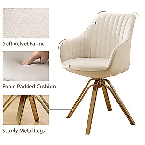 Art Leon Mid Century Modern Swivel Accent Chair, Desk Chair No Wheels, Fabric Upholstered Armchair with Gold Legs, Off White