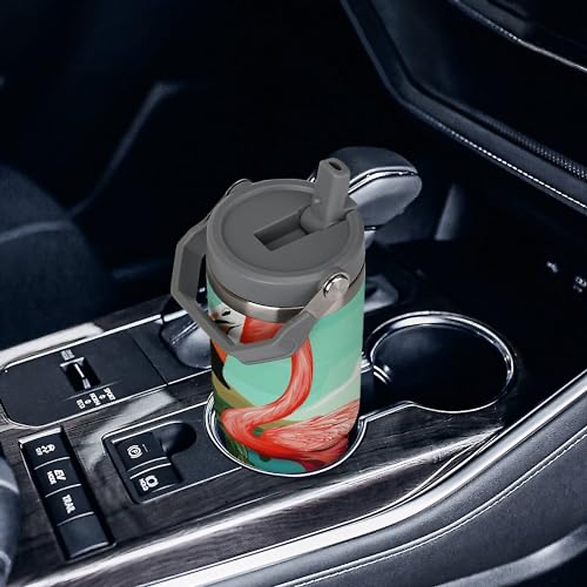 BWQJKUO Large Capacity Car Cup 30 Oz Stainless Steel Tropical Flamingo Printed Travel Mug Leak-proof Flip Straw Tumbler with Handle,keeps Cold Or Ho