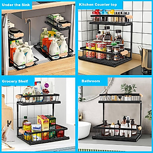 Under Sink Organizers, 2 Tier Pull Out Organizer and Storage, Upgraded Metal Storage Shelves with Sliding Basket, Cabinet or Countertop Organizer for Kitchen Bathroom (1 PC)