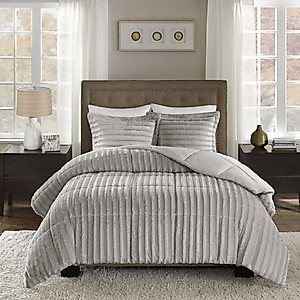 Madison Park Duke Luxe Faux Fur Reversible Comforter Set, Soft Plush Reverse, Modern Down Alternative Filling Cozy Bedding, Box Quilted Warm Cover, Matching Shams, King/California King, Grey 3 Piece