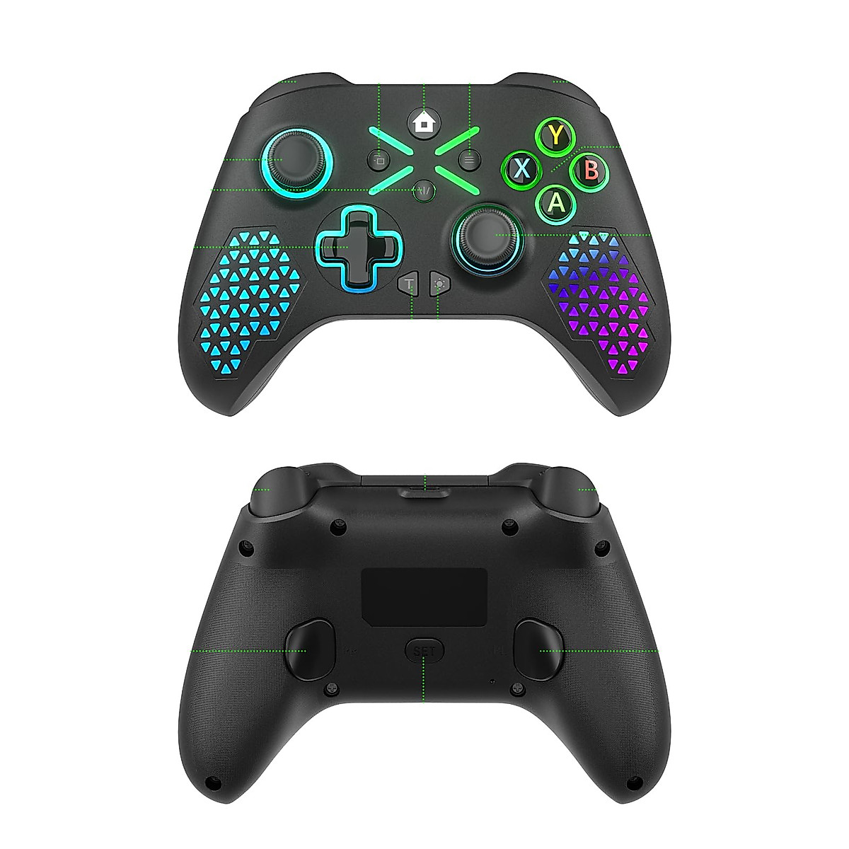 Dinosoo RGB Wireless Controller for Xbox Series X/S/Xbox One/Xbox One S/One X, Android PC, Built-in Battery Dual Vibration Turbo Function 3.5mm Headphone Jack Macro Function, 2.4GHz Adapter 1025 SYH