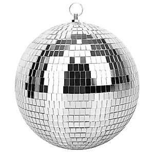 Mirror Ball with Hanging Ring, MUZTOP 8 Inch Disco Ball for Parties DJ Club Stage Wedding Home Decoration, Silver White