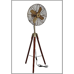 Caripeloy Floor Fan | Vintage Style | With Wooden Tripod Stand Brass Antique Floor Fan | Vintage Style | With Wooden Tripod Stand