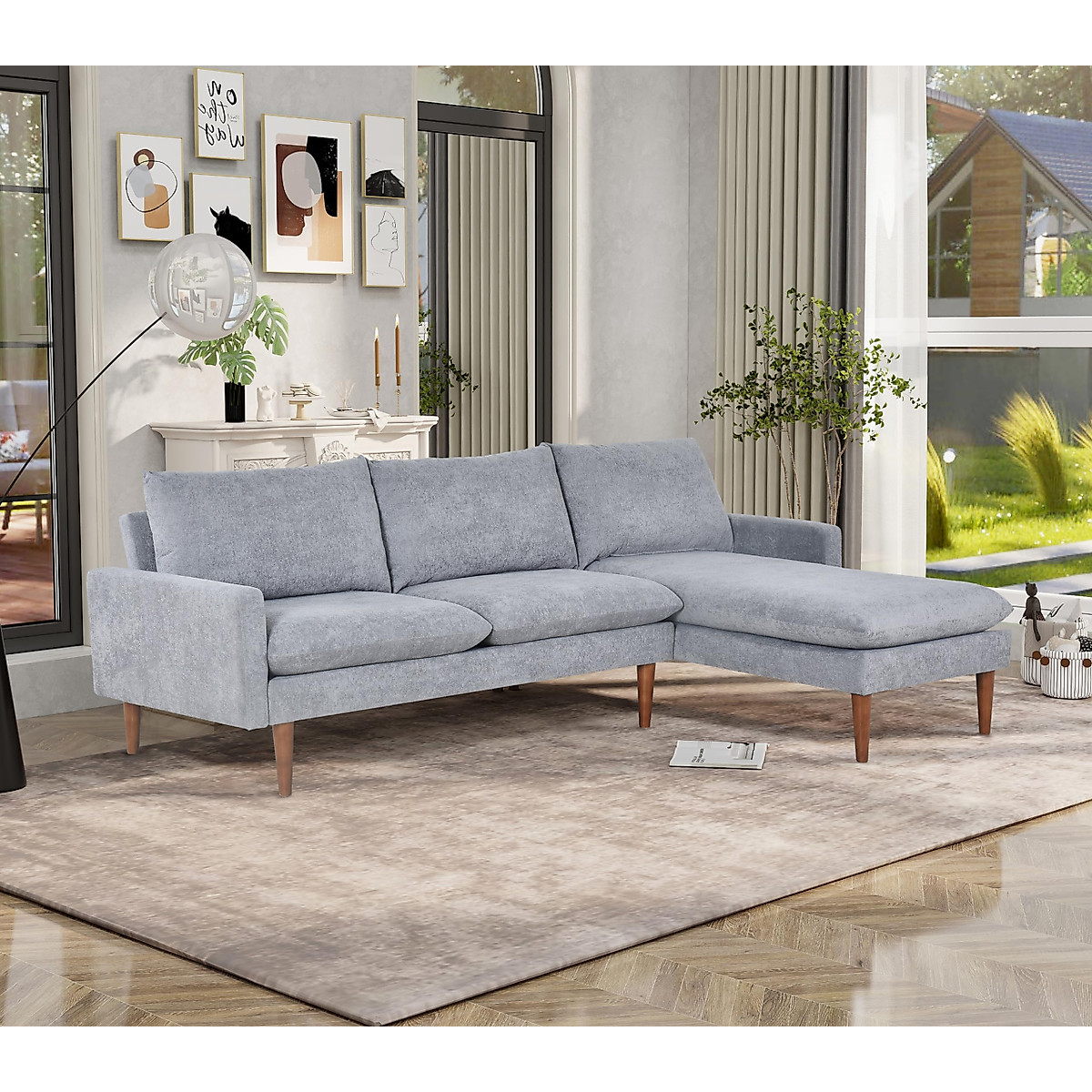ROCKINGRUN 86" L-Shaped Sectional Sofa - 3-Seater Convertible Sectional Sofa Couch with Velvet Fabric - Small Sectional Sofa with Chaise for Living Room,Apartments