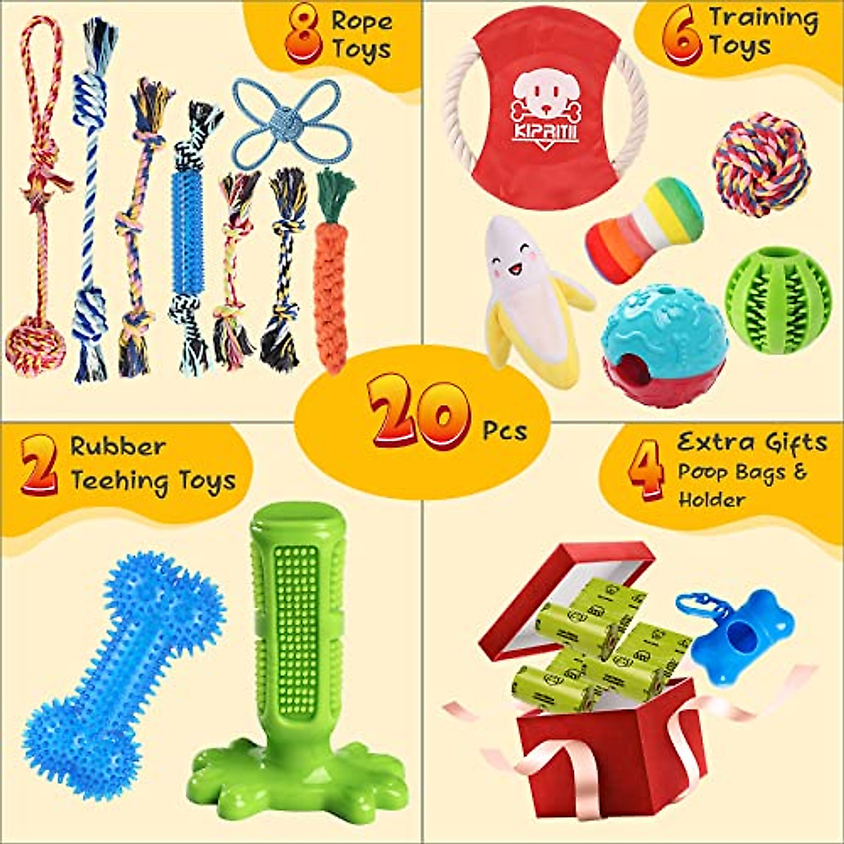 KIPRITII Chew Toys for Puppy ,Teething ,Boredom, 20 Pack Pet Toothbrush Chew Toys with Rope Toys, Treat Balls and Squeaky Toy for Small Dogs
