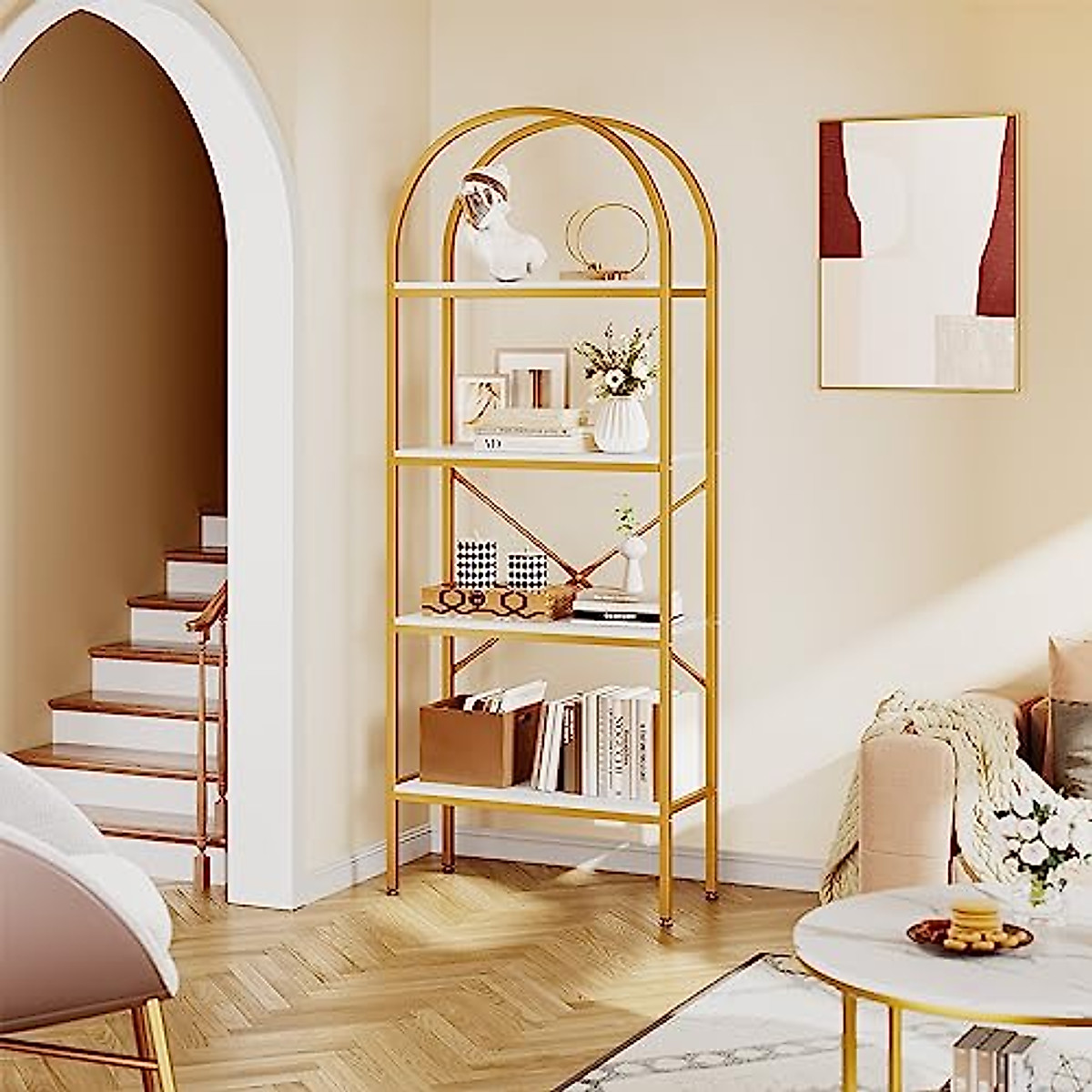 YITAHOME Gold Bookshelf and Bookcase, 71.3” Tall Modern Open Arched Book Shelf, 4-Tier Freestanding Storage Display Rack Shelves for Bedroom,Living Room,Office,Kitchen, White&Gold