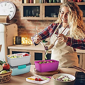 Caperci Large Salad Container for Lunch - Better Adult Bento Lunch Box 68 oz, 5-Compartment Tray, 2pcs 3-oz Sauce Cups, Stackable, BPA-Free (Gray)