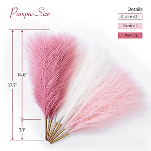 Serwalin Pampas Grass Pink 17.7 Inch 6pcs, Artificial Pampas Grass Faux Pink Pompas Grass Decor, Short Pompous Grass Blush Room Decoration, Wedding Party Centerpieces Valentine Mothers Day