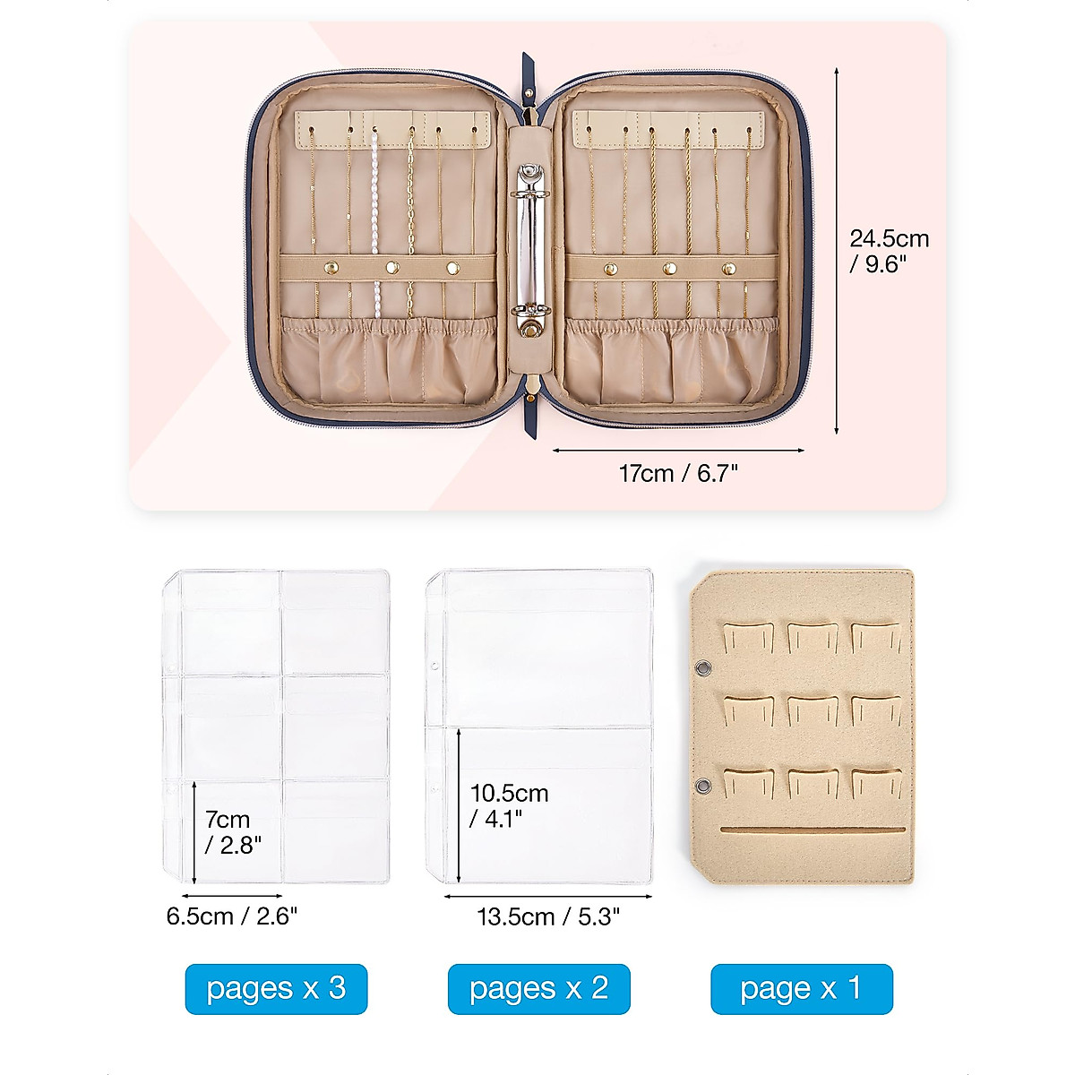 BAGSMART Jewelry Travel Organizer Case Transparent Jewelry Storage Book Ring Binder Jewelry Bags Clear Booklet Zipper Pouch Bag for Necklaces, Earrings, Rings, Bracelets, Dark Blue