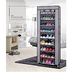 MallMall 10 Tiers Shoe Rack with Dustproof Cover Closet,30-Pair Shoes Rack Storage Cabinet Organizer (Gray)