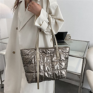 JQWYGB Puffer Tote Bag for Women - Large Puffy Tote Bag Purse Soft Padded Cotton Quilted Crossbody Bags Handbags for Travel Shoping (C Champagne)