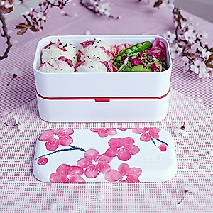 monbento - Bento Box MB Original Blossom with Compartments - 2 Tier Leakproof Lunch Box for Work and Meal Prep - BPA Free - Food Grade Safe - Japanese Flowers - Red & White