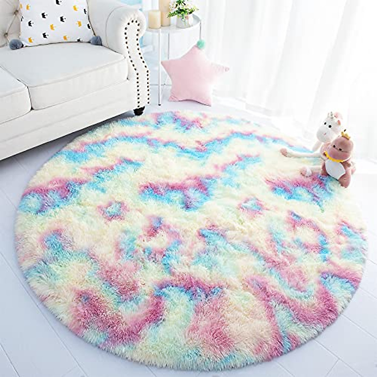 ST. BRIDGE Soft Round Rainbow Rug for Girls Room, Fluffy Circle Rug for Kids Room Decor, Indoor Modern Anti-Skid Fuzzy Nursery Mats, Shaggy Fur Area Rugs for Living Room Bedroom Plush Carpet, 4 Feet
