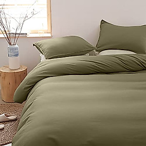 Olive Green Linen-Textured 55% Viscose from Bamboo 45% Cotton Duvet Cover Set, Pre-washed Soft Breathable Queen Size Duvet Cover for Hot Sleepers, Natural Organic Duvet Cover with 2 Pillowcases
