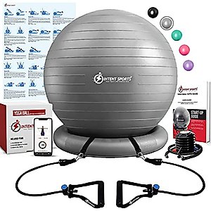 INTENT SPORTS Yoga Ball Chair – Stability Ball with Inflatable Stability Base & Resistance Bands, Fitness Ball for Home Gym, Office, Improves Back Pain, Core, Posture & Balance (65 cm) (Gray)