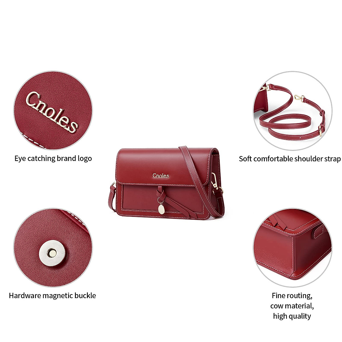 Cnoles Small Crossbody Shoulder Bag for Women Genuine Leather Cell Phone Bags Card Holder Wallet Purse and Handbags Red