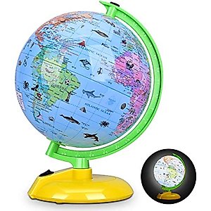 8" World Globe for Kids with LED Night Light, Small Desktop Globe with Stand, Colorful, Easy-Read, Battery Powered, Globe Map Learning Tool Educational Gift for Students
