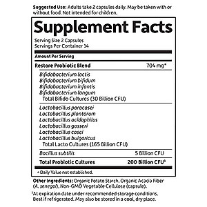 Garden of Life Dr. Formulated Probiotics Platinum Series Restore 200 Billion CFU High Potency Formula, Vegan, Non-GMO, Gluten, Dairy & Soy Free Digestive Immune Probiotic Support, 28 Capsules