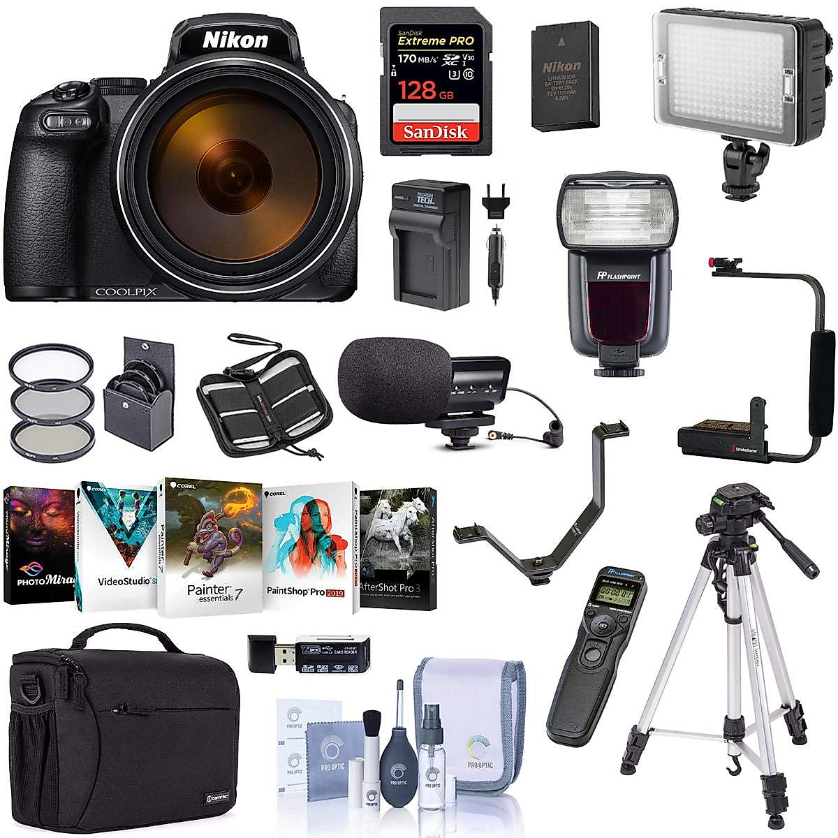 Nikon COOLPIX P1000 Digital Camera Bundle with Filter Kit, Bag, Memory Card, Reader, Card Wallet, Software Kit, Battery Pack, Tripod, Remote, Cable, Bracket, Flash Speedlight, Microphone, LED Light