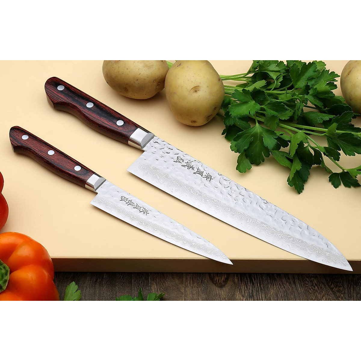 Yoshihiro VG10 16 Layer Hammered Damascus Stainless Steel Gyuto 8.25'' (210mm) Japanese Chefs Knife & Petty Utility Knife 5.3'' (135mm) SET