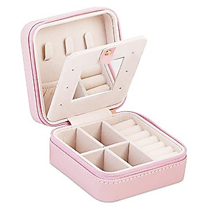 A&A Jewelry Organizer Travel Box - Portable Mirror Jewelry Storage Case Pink