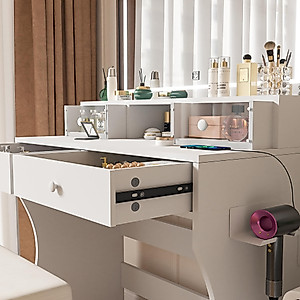 VECELO Vanity Desk with LED Lighted Mirror and Power Outlet, Makeup Table with 4 Drawers and Storage Stool, Adjustable 3 Lighting Modes for Bedroom, Dressing Room, White