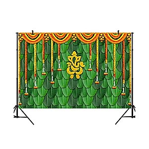 Ticuenicoa 9×6ft India Pooja Traditional Photography Backdrop Banana Leaf Green Chatiya Ganesh Background Marigold Puja Ganpati Wedding Photo Tapestry Booth Props
